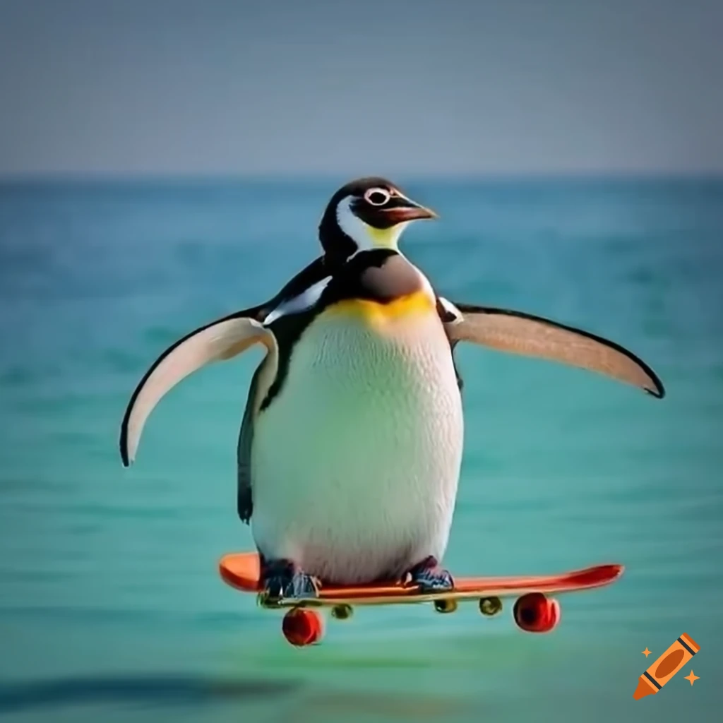 Penguin skateboarding on the sea on Craiyon