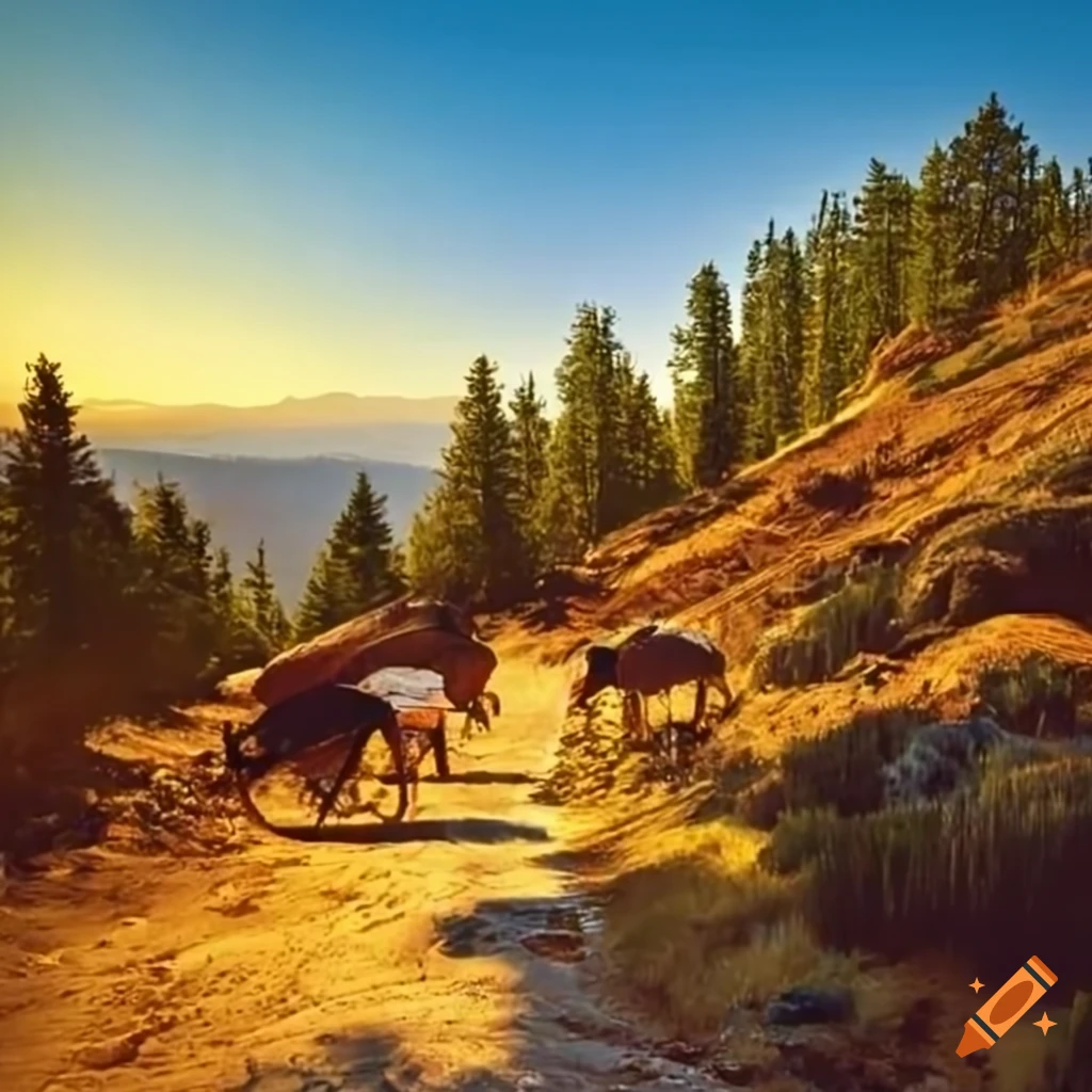 California Trail during the Gold Rush with covered wagons and Sierra ...