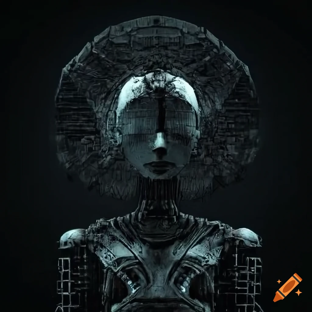 Pyramid architecture with robot women and a full moon in a sci-fi ...