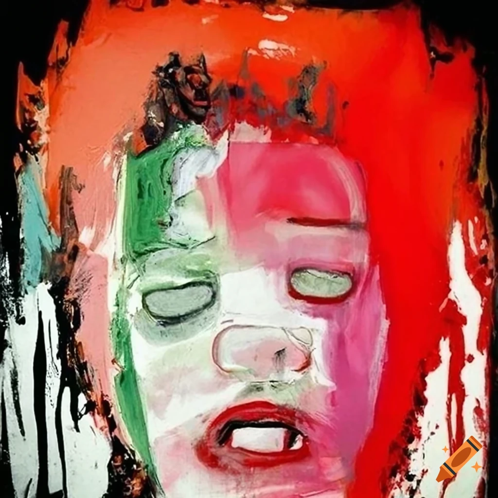 Dadaism style white chalk drawing of a singing face on red black grunge ...