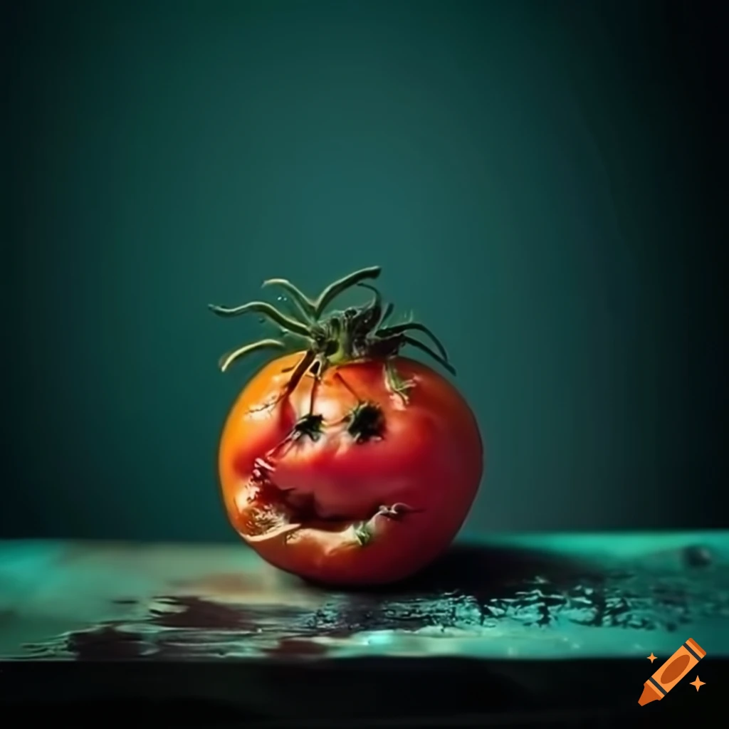 Close-up portrait of rotten tomato fruit monster in a realistic micro ...