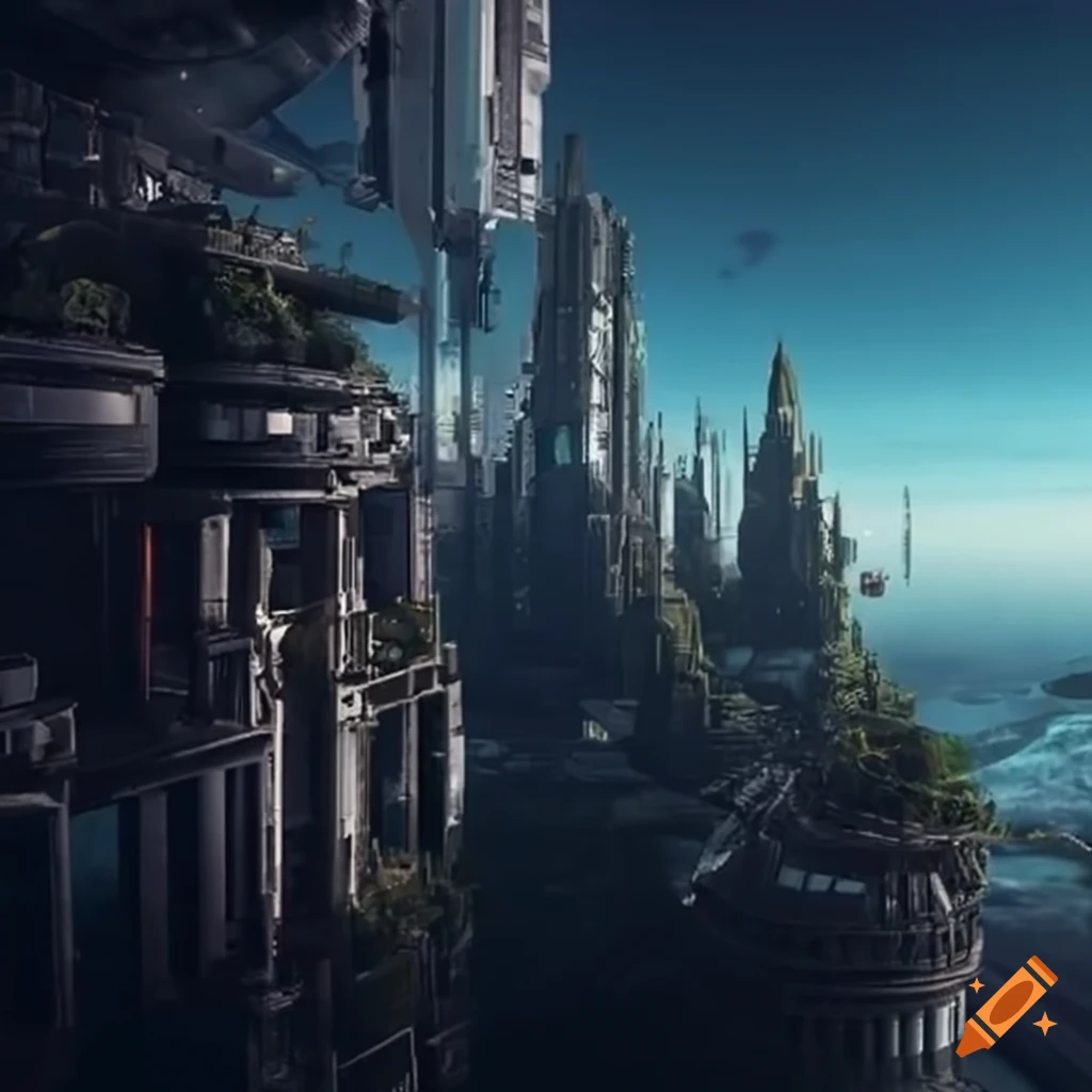 Overgrown solarpunk cities orbiting futuristic space station on Craiyon