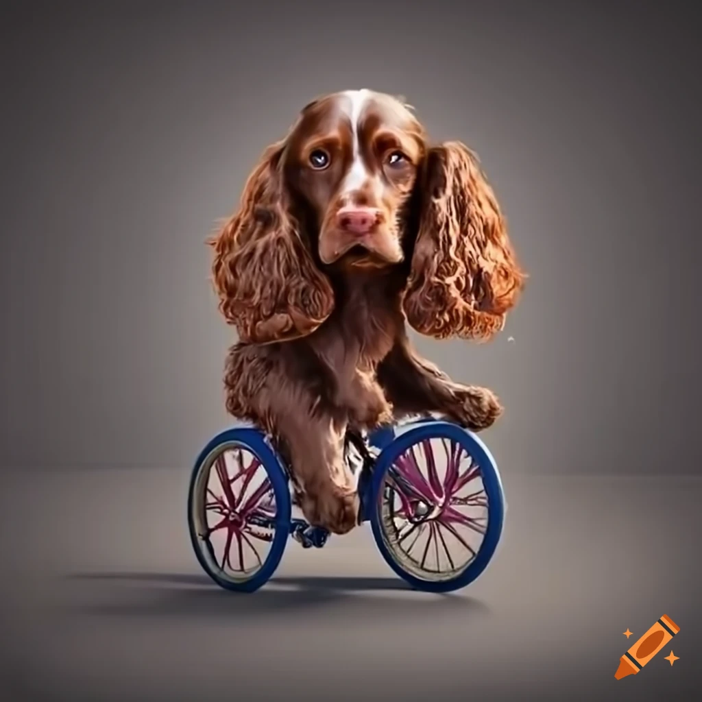 Chocolate cocker spaniel riding a bike on Craiyon
