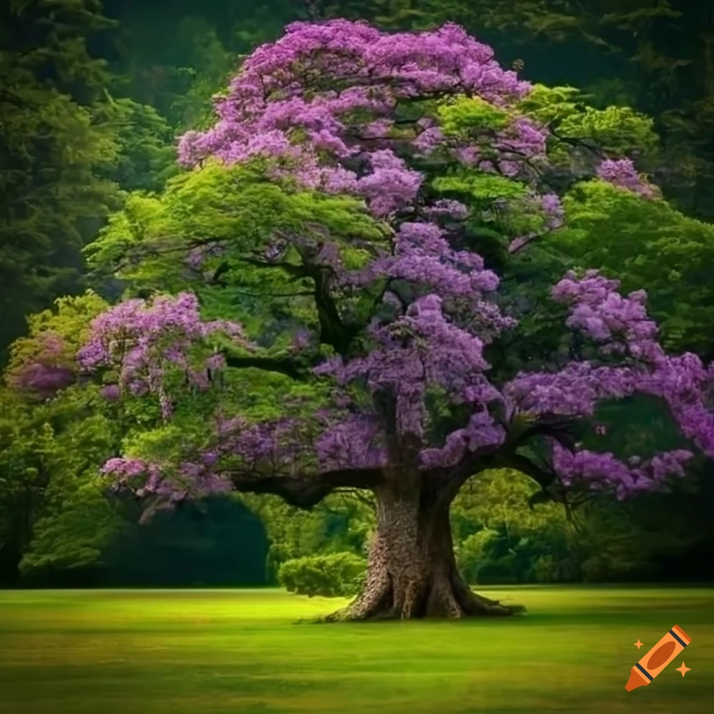 Ancient oak tree in a lilac forest near a tranquil river stream on Craiyon