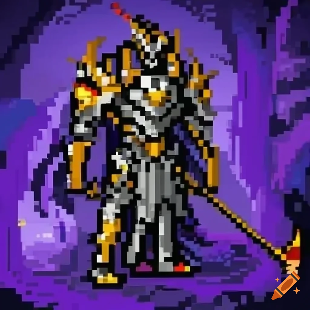Anime demon-knight armored overlord in 8-bit pixel art style on Craiyon