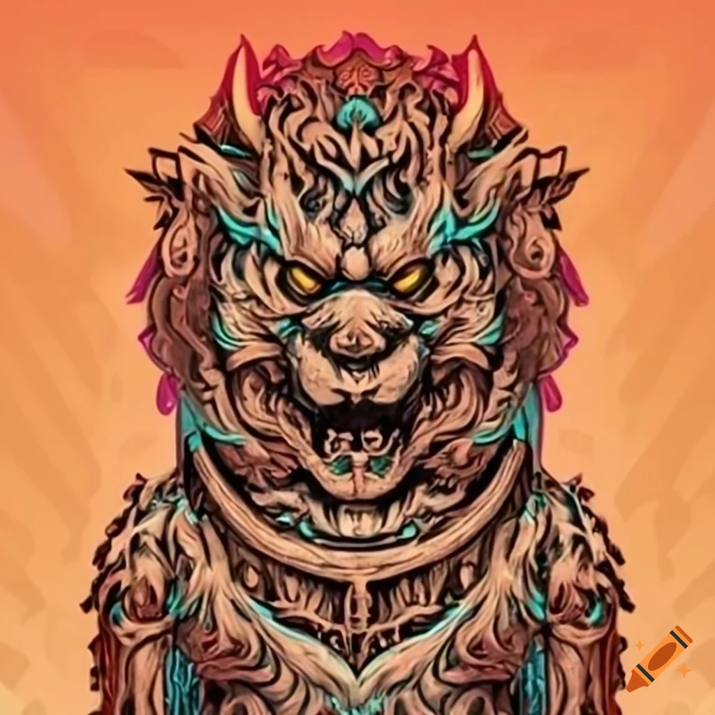 Asian-inspired lion gargoyle with intricate Jedi rune carvings on Craiyon