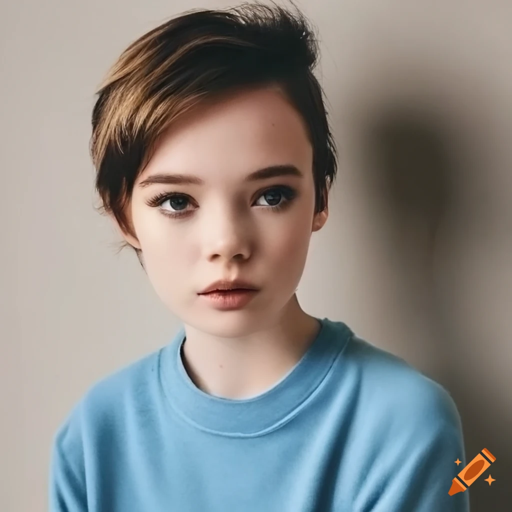 Cailee Spaeny with pixie haircut in blue sweatshirt on Craiyon