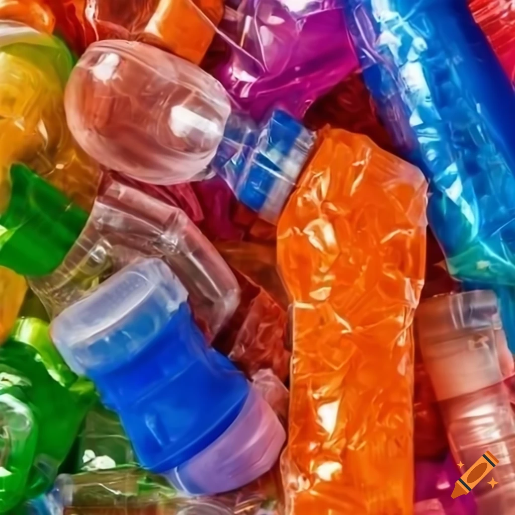 Stack of colorful plastic bottles for recycling on Craiyon