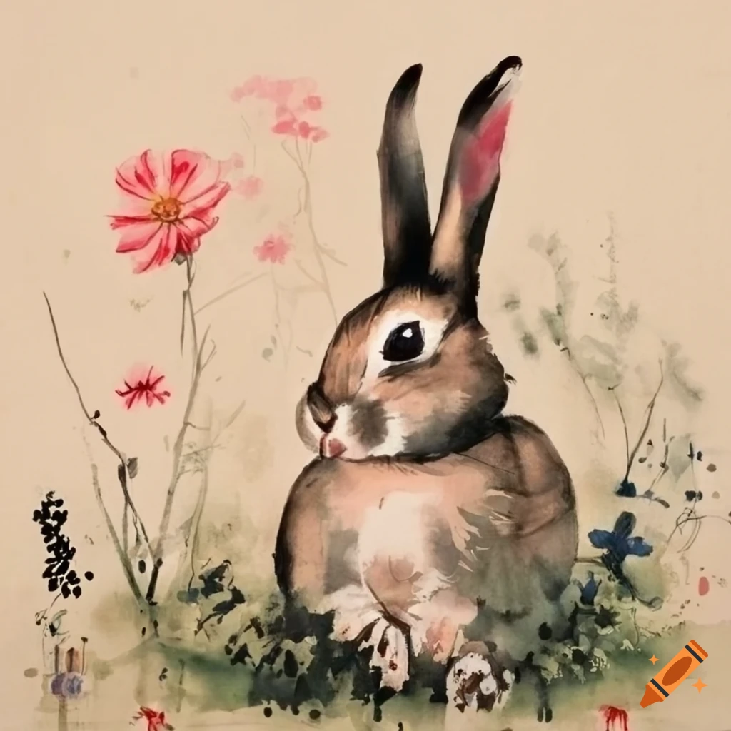Rabbit in a field of flowers in chinese ink painting on Craiyon