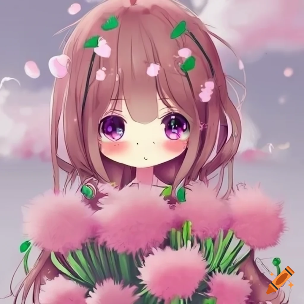 Cute chibi anime girl with fluffy pink plants on Craiyon