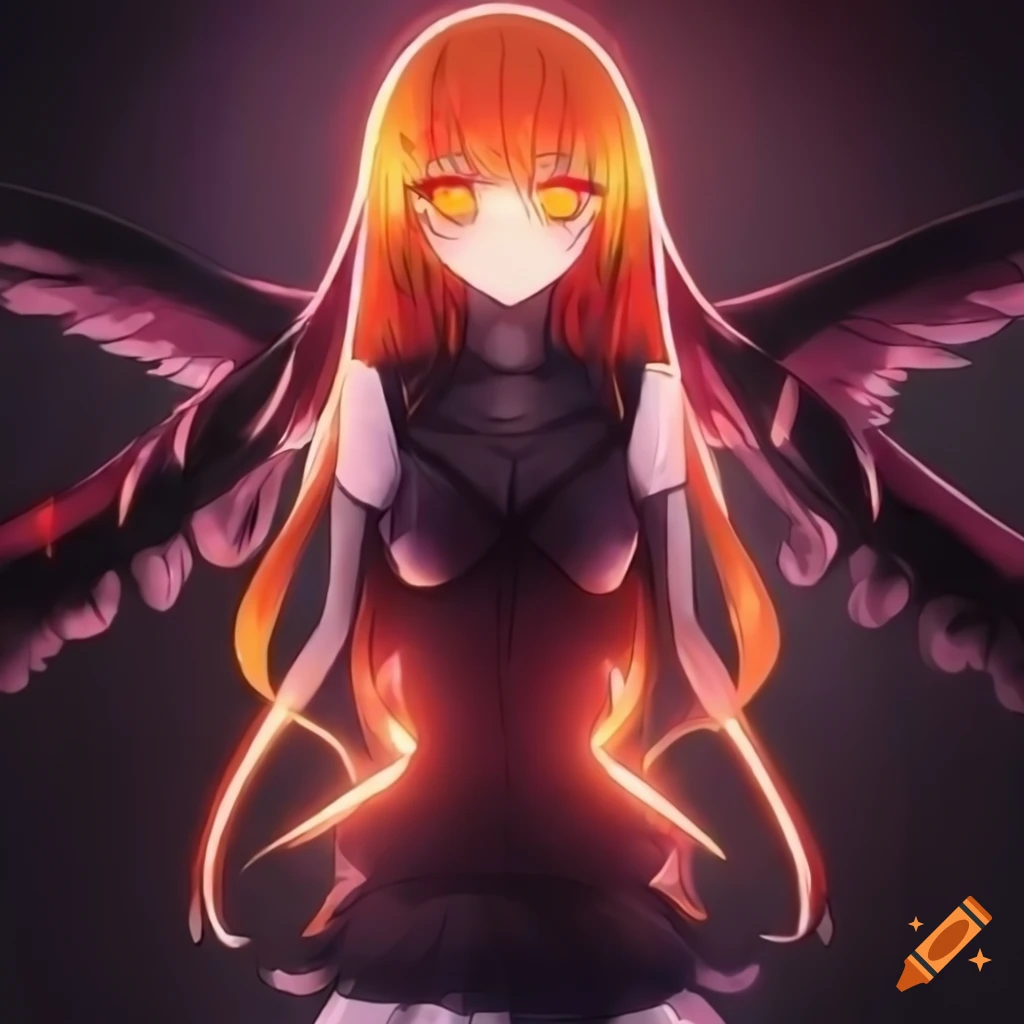 Cute anime girl with glowing orange eyes in a dark void on Craiyon