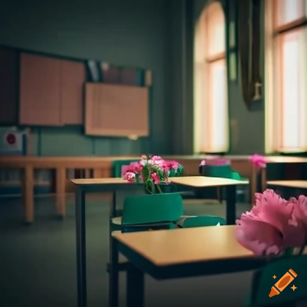Classroom with carnations on chairs behind desks on Craiyon
