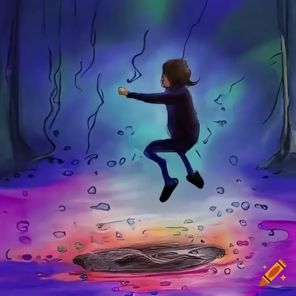 Person jumping into a puddle with colorful fog during rain on Craiyon
