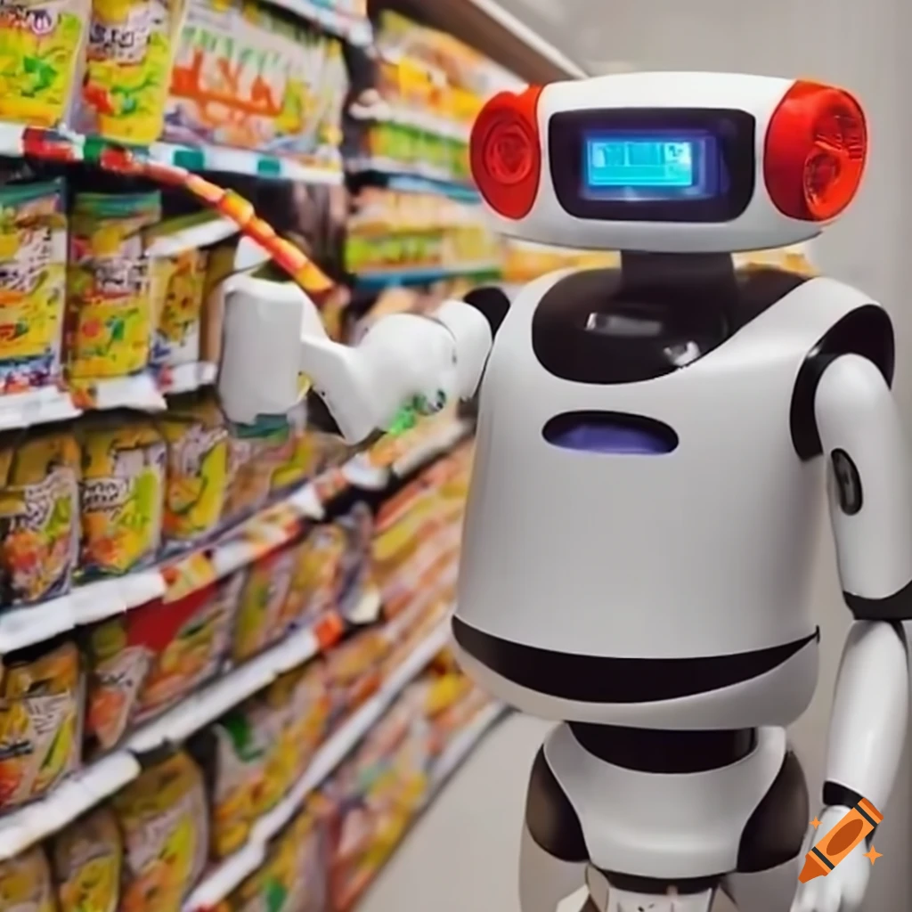 Robot reaching for cereal on a supermarket shelf on Craiyon