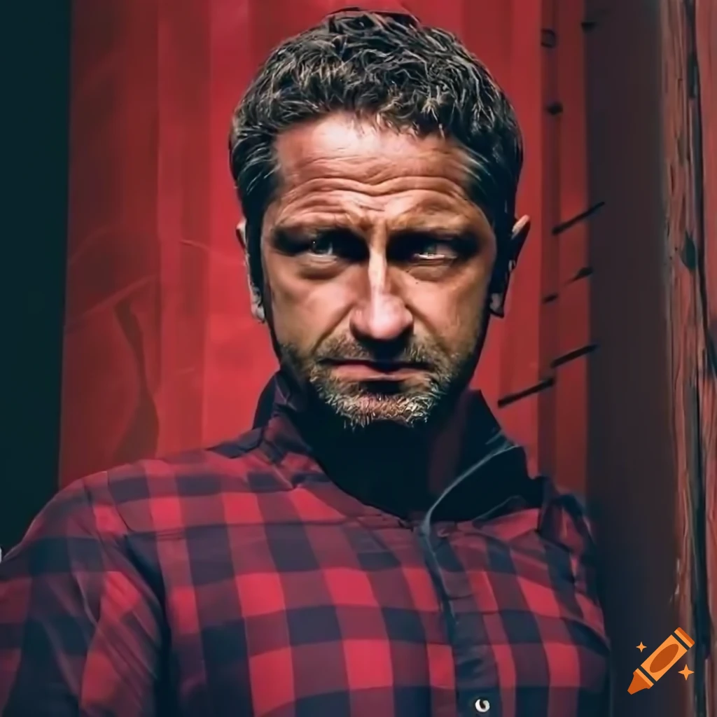 Actor similar to Gerard Butler in red plaid shirt and black leather ...
