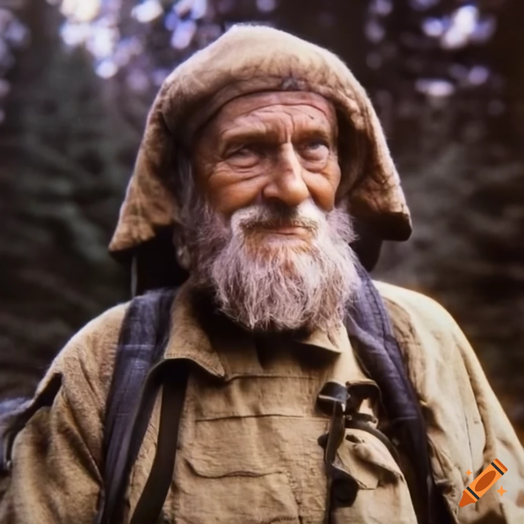 Close-up of an old man in hiking gear with a rugged look on Craiyon