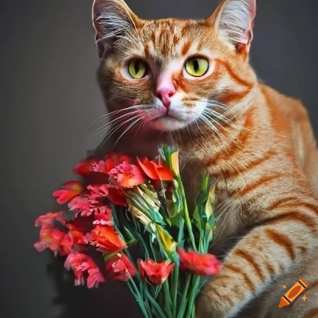 Ginger cat holding a bouquet of flowers on Craiyon