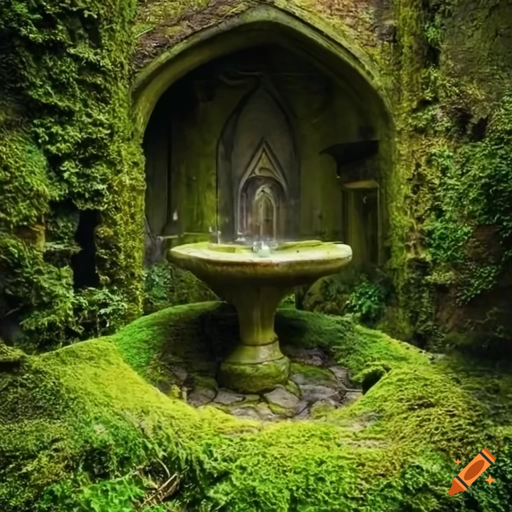 Overgrown courtyard with gothic fountain covered in moss on Craiyon