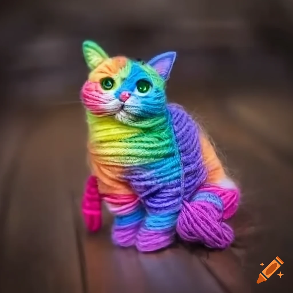 Rainbow colored yarn cat with blue whiskers dancing on sailboat in ...