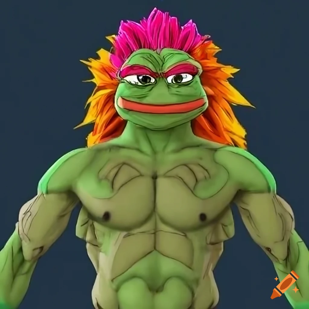 Pepe the frog with super saiyan hairstyle and unique details on Craiyon