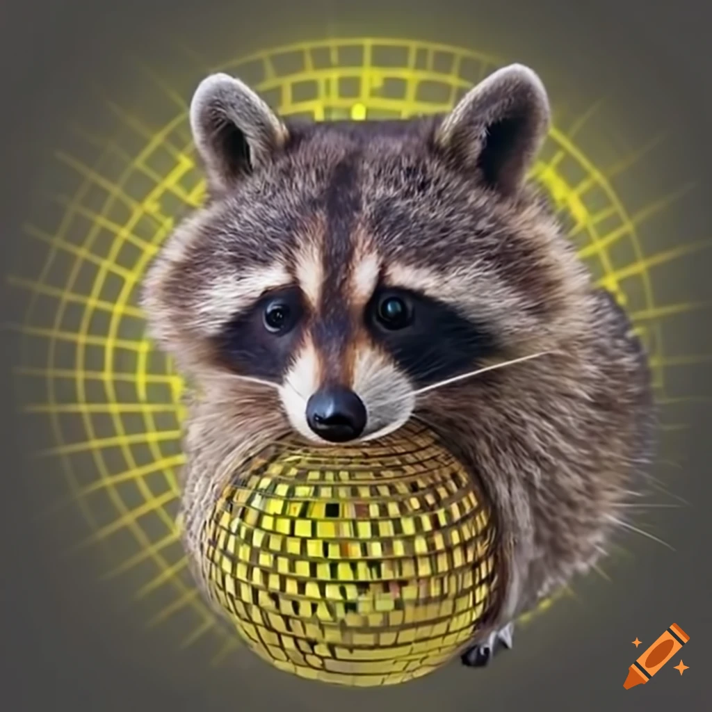 Raccoon head bursting through a yellow disco ball with intricate ...