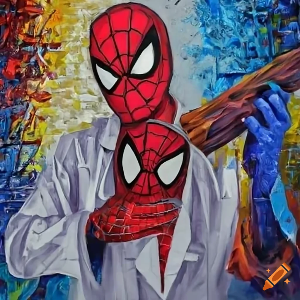 Spider-Man in lab coat creating silks on Craiyon