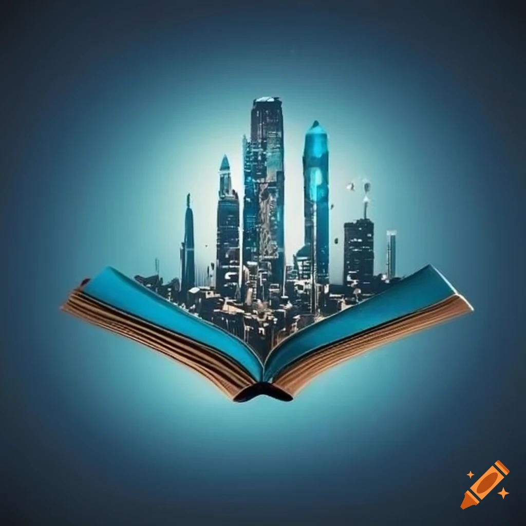 Modern city on the pages of an open book on Craiyon