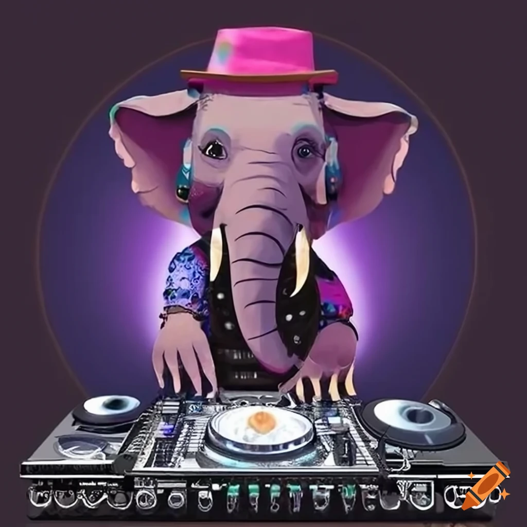 Elephant DJ playing music at a vibrant festival with a quirky hat and ...
