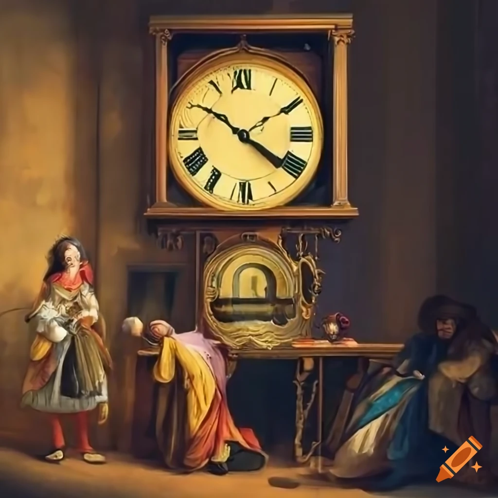 Two different clocks in front of historical painting with different ...