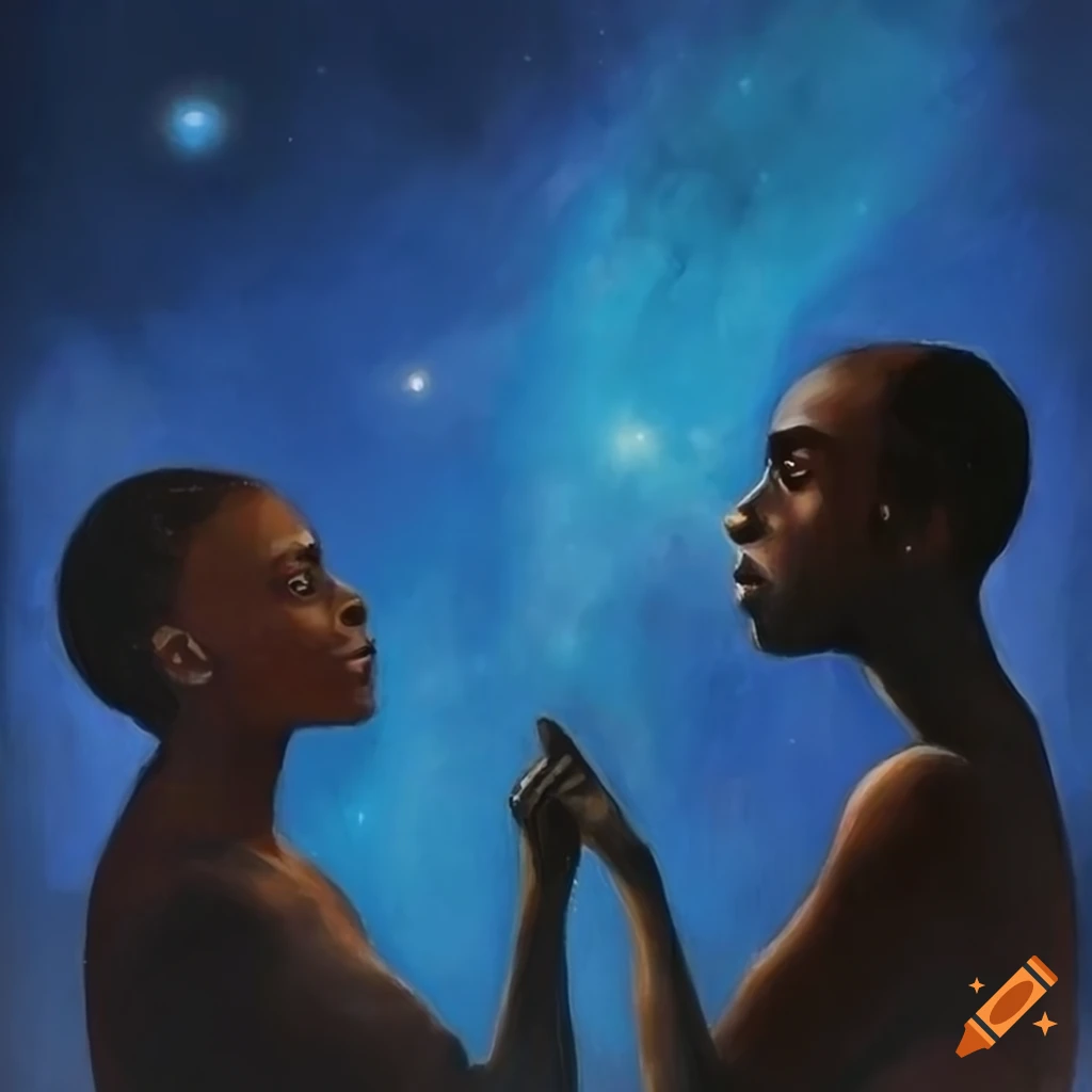 Painting of a man and a woman looking at each other under the starry night sky, woman with a ...