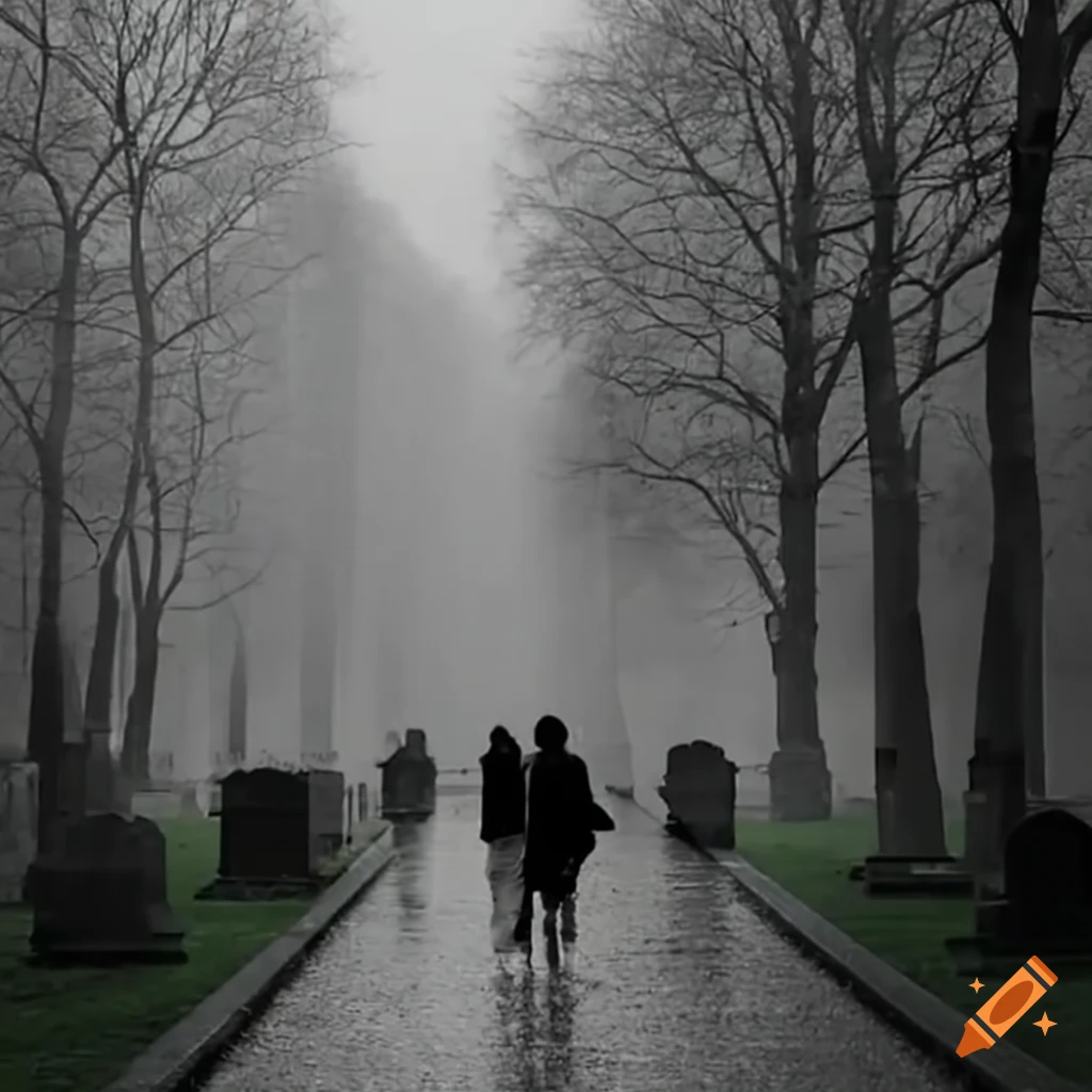 People running in a cemetery under the rain on Craiyon