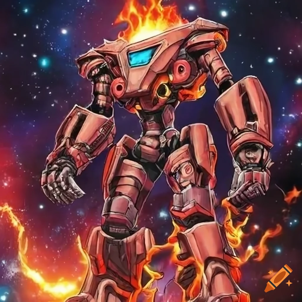 Giant colossal fire robot in space on Craiyon