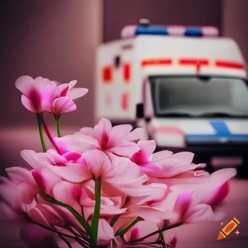 Delicate flowers next to an ambulance car on Craiyon