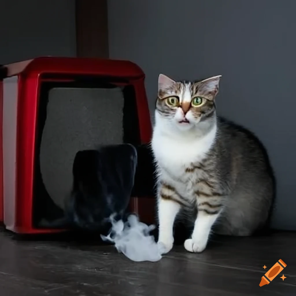 Cat taking a break next to a litterbox on Craiyon
