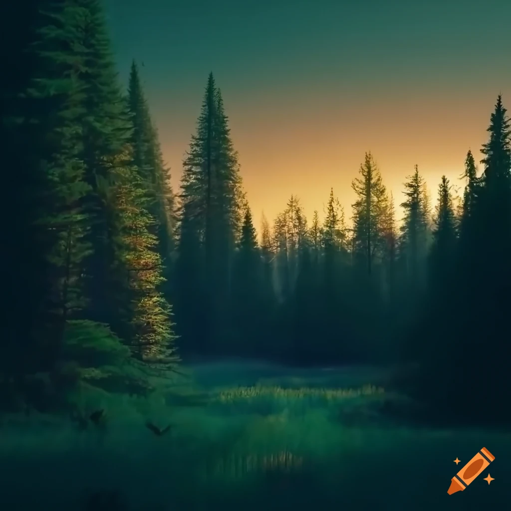 Early morning spring sky in an evergreen forest on Craiyon