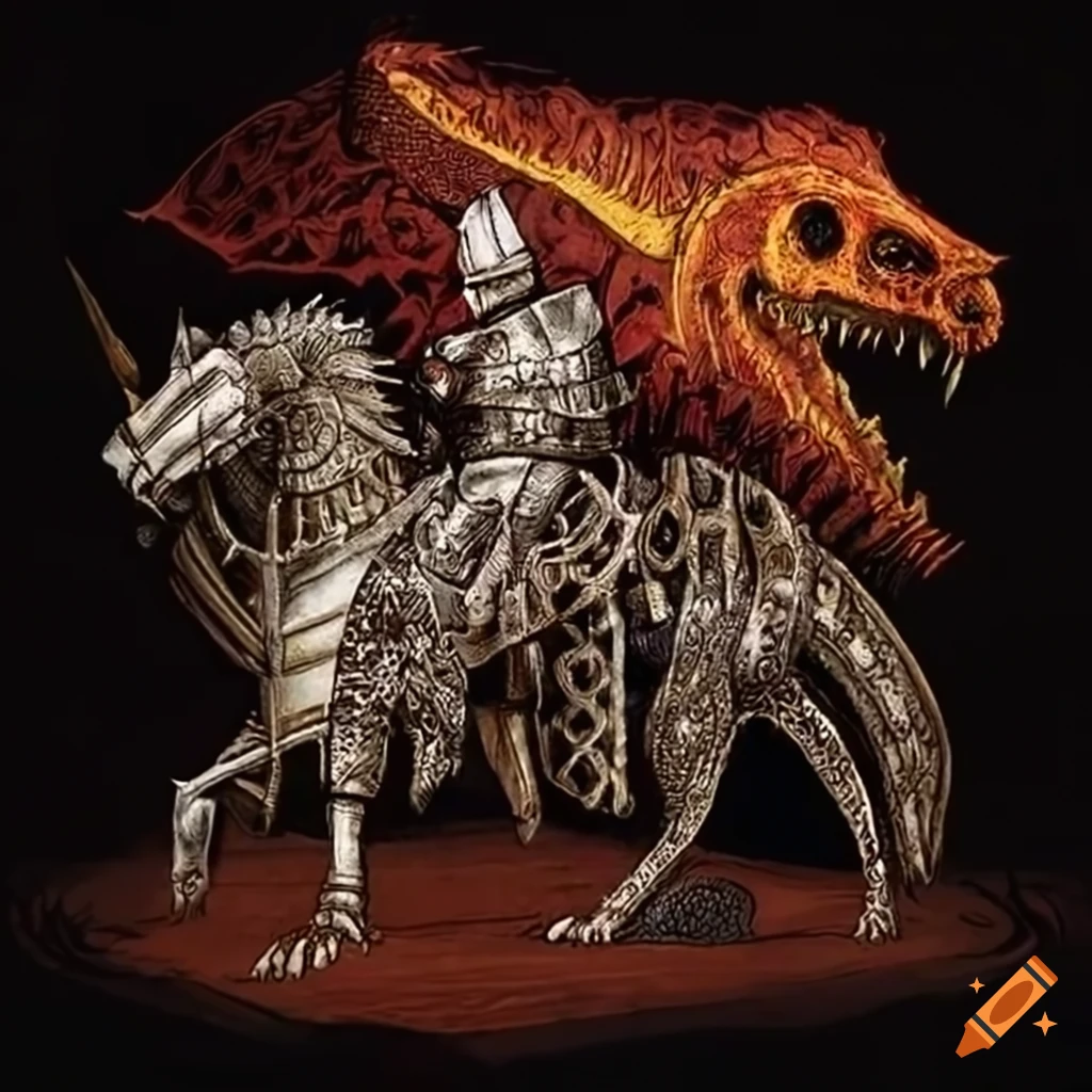 Medieval knights with mythical dinosaurs in a vivid and intricate ...