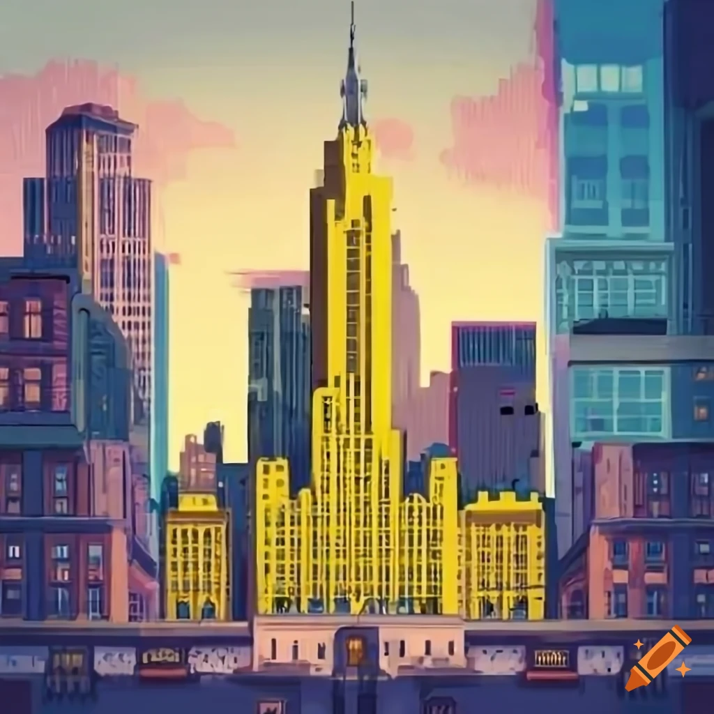 Cityscape of New York with iconic buildings in a Simpsons-style on Craiyon