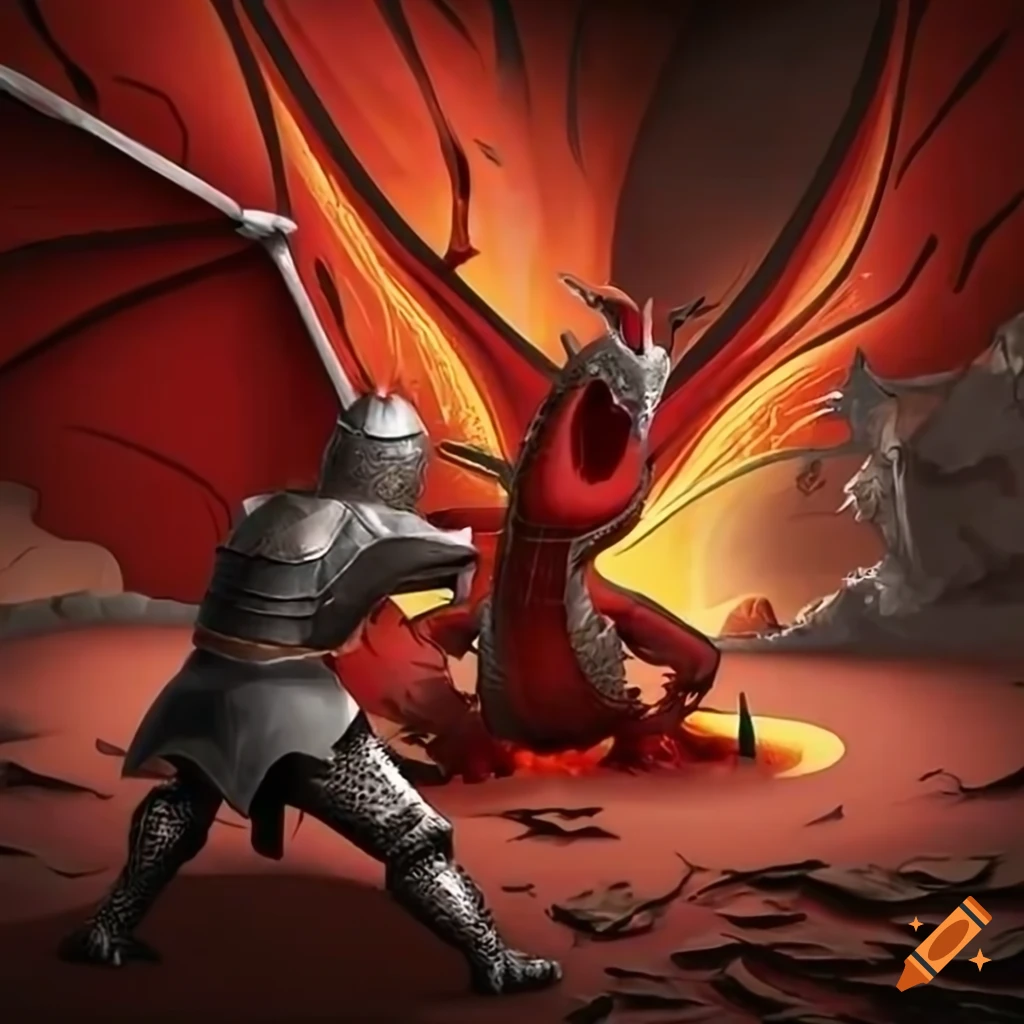 Knight battling red dragon in a cave on Craiyon
