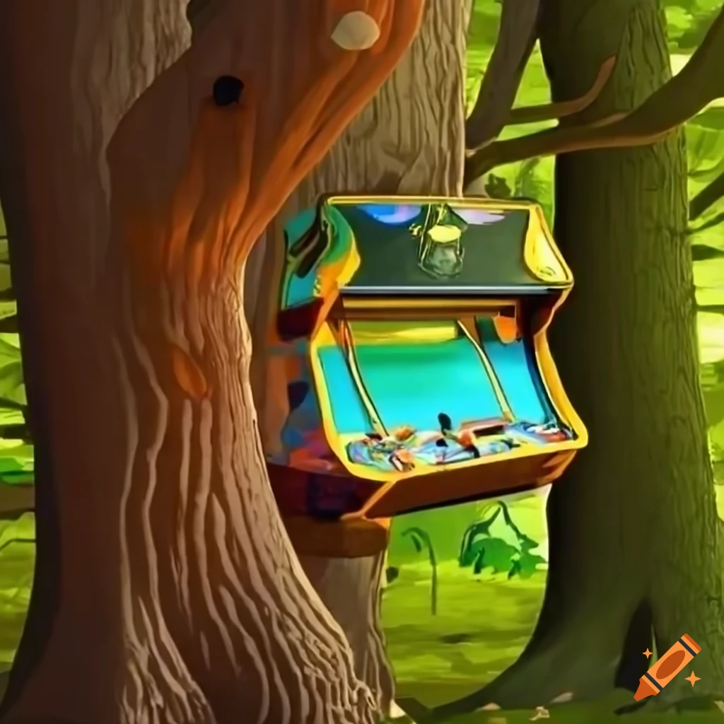 Arcade game integrated into a tree on Craiyon