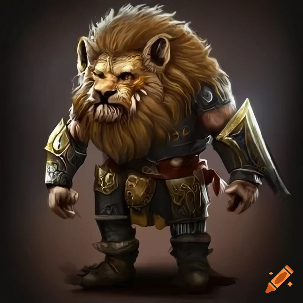 Fantasy dwarf with lion head and heavy armor on Craiyon