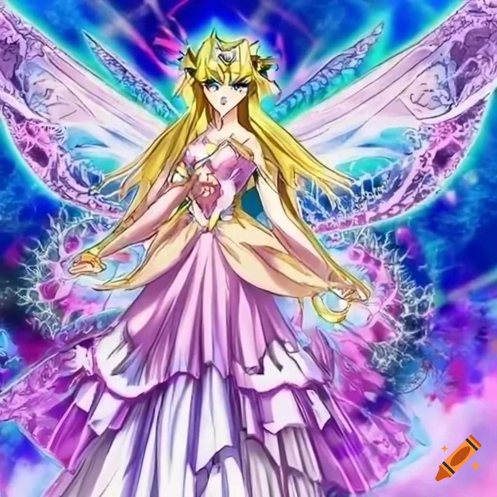 Bright-eyed angelic fairy princess with a beautiful smile and open arms ...