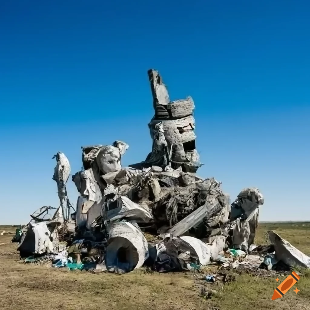 Destroyed statues in post-apocalyptic landscape under blue sky on Craiyon