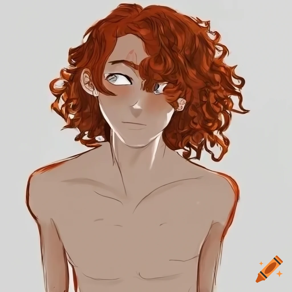 Anime style ginger young adult male with long curly hair and freckles ...