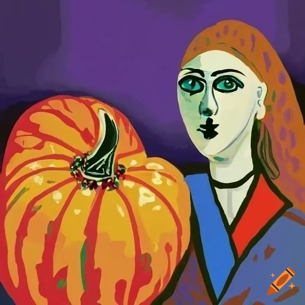 Two women with pumpkins in picasso style on Craiyon