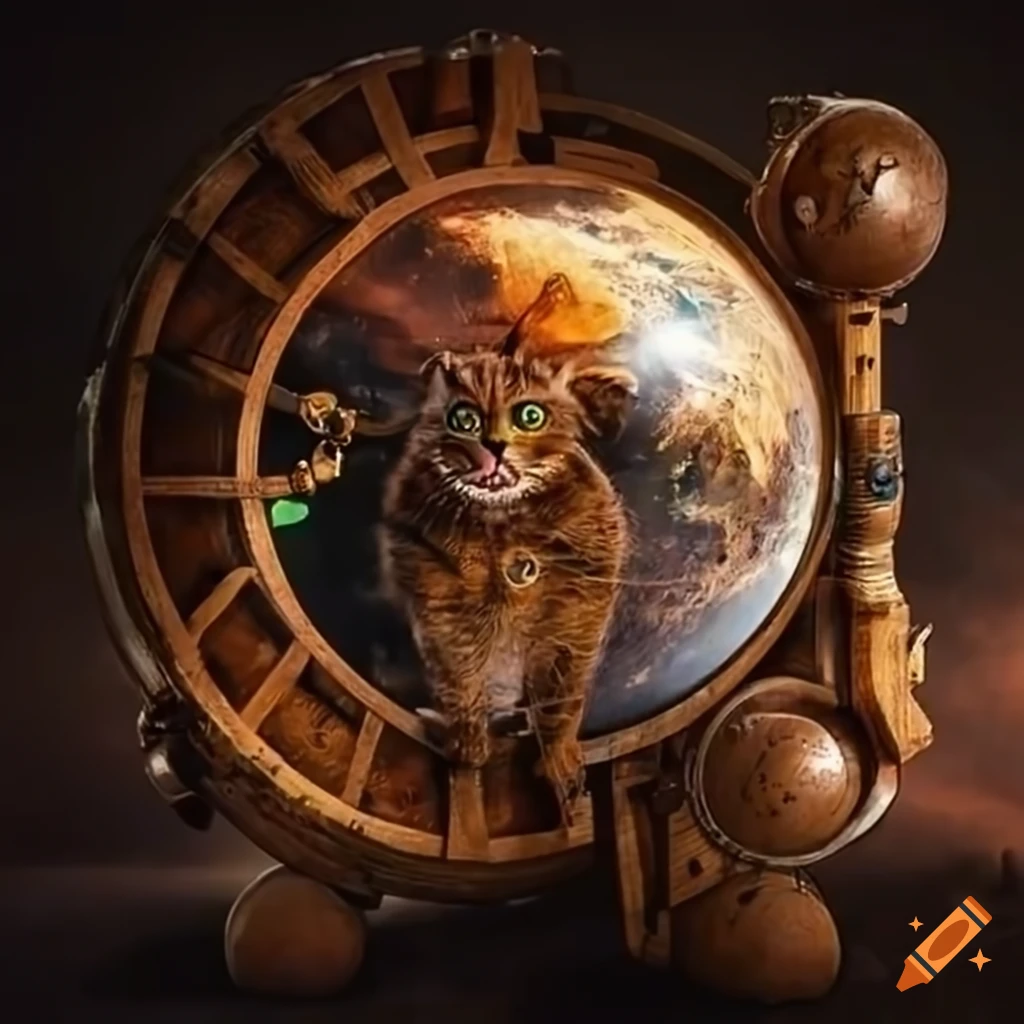 Steampunk cat pilot flying wooden spaceship around earth in space on ...