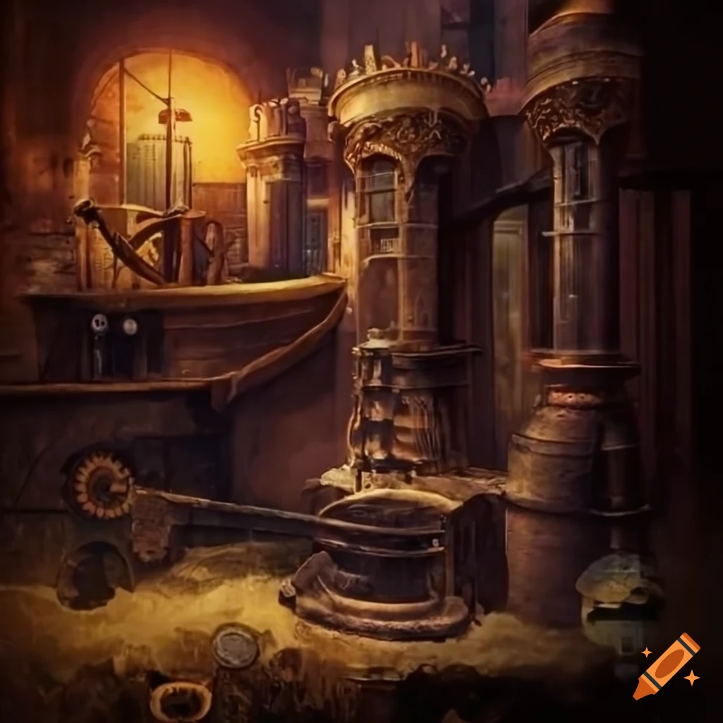 High-detail steampunk setting with a victorian hydro pump and eldritch ...