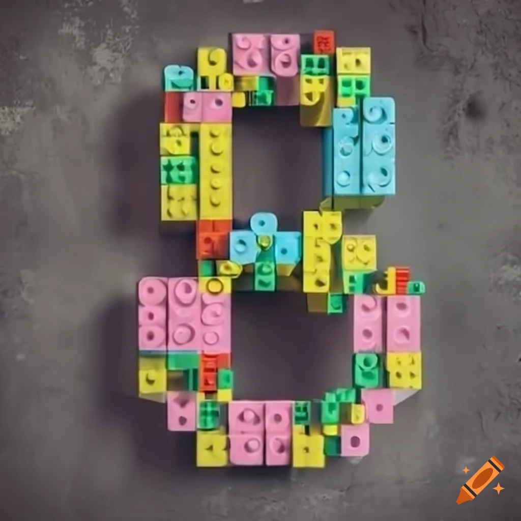 Number eight shape made from lego cubes and flowers on concrete floor ...