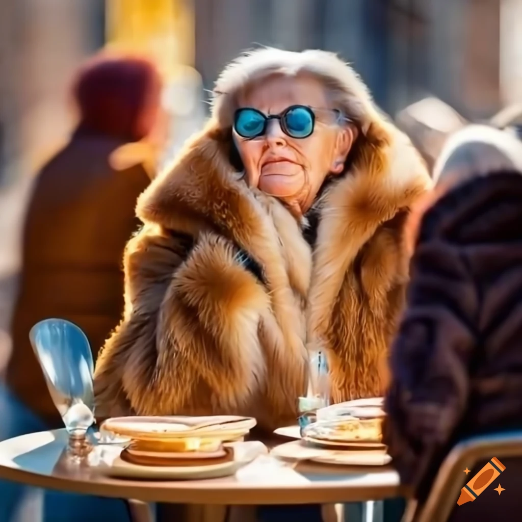 Woman in fur coat at a sunny cafe with people around on Craiyon