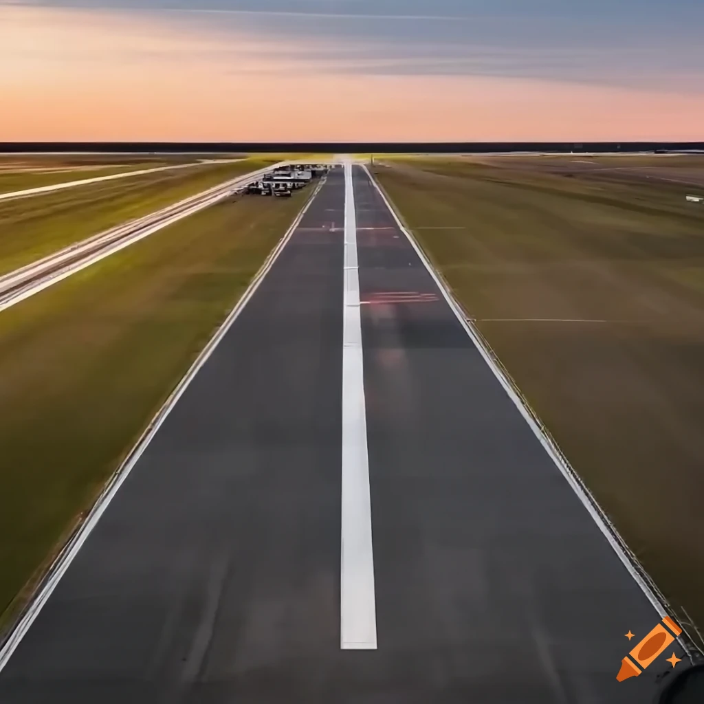 Aerial view of a runway with approach lights for planes on Craiyon