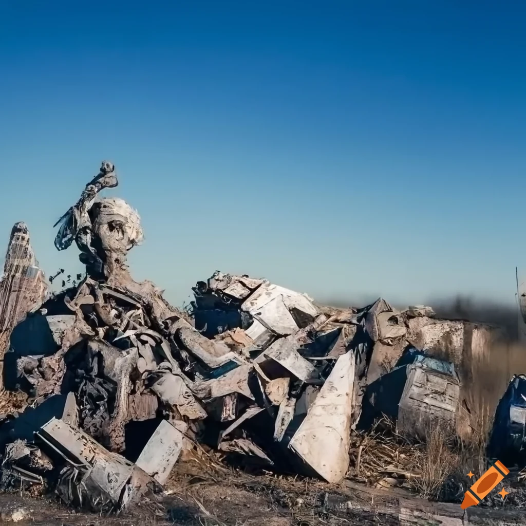 Destroyed statues in a post-apocalyptic junk garbage web under soft ...